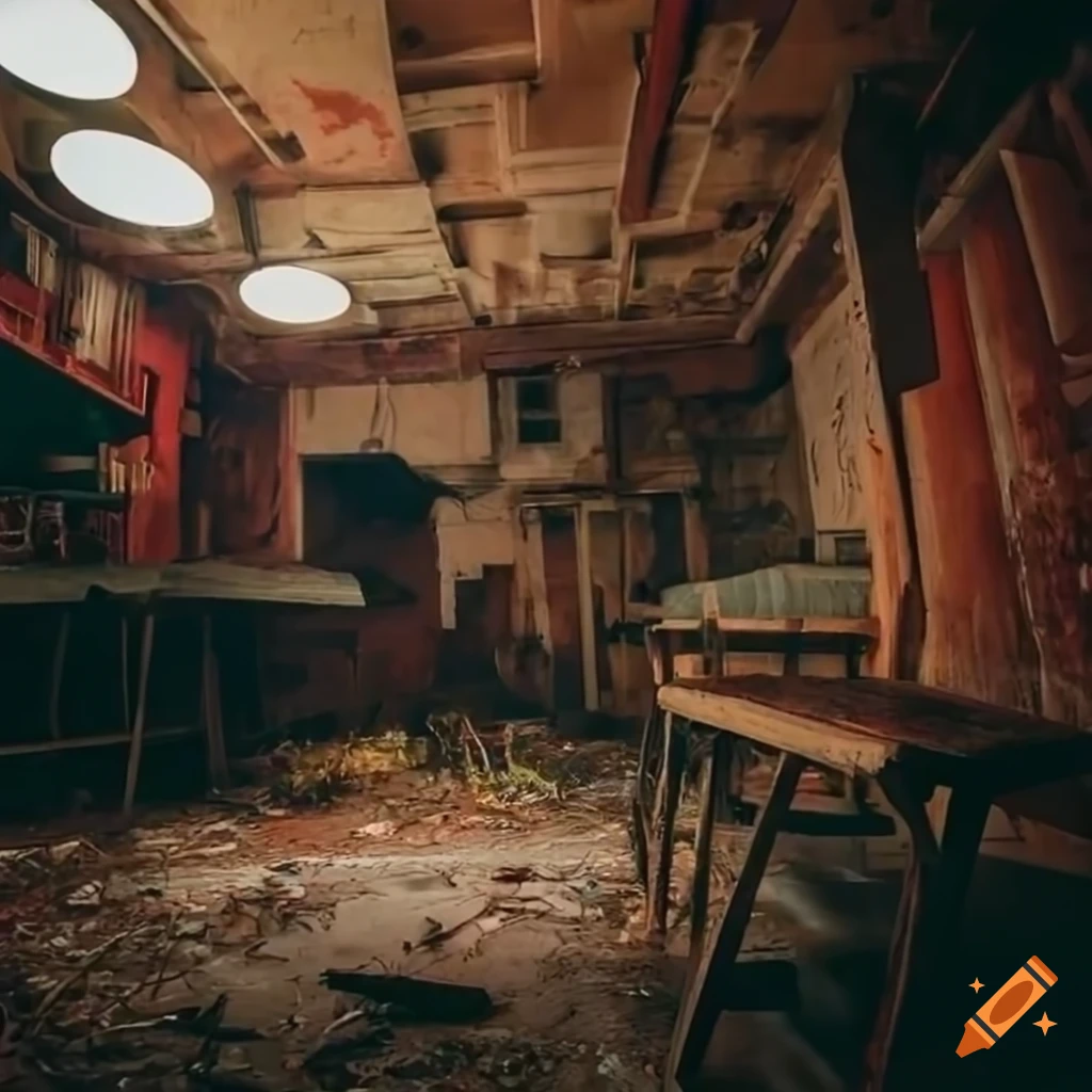Interior of an abandoned cafe at night on Craiyon