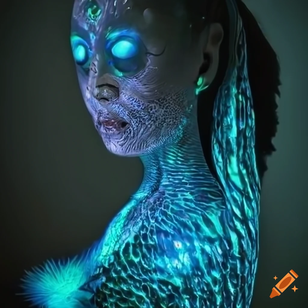 Close-up of a biopunk mermaid showcasing bioluminescent scales, gills ...