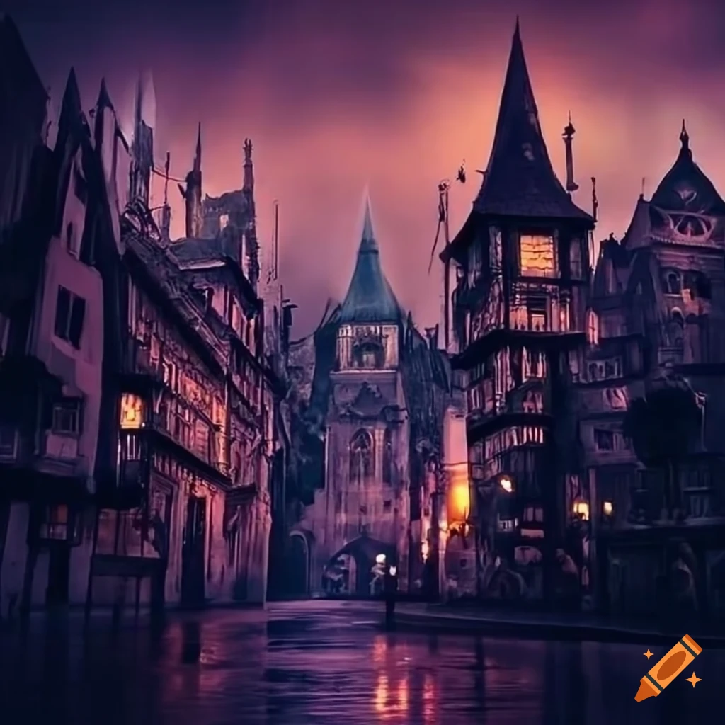 Magical town with beautiful gothic architecture in the night on Craiyon