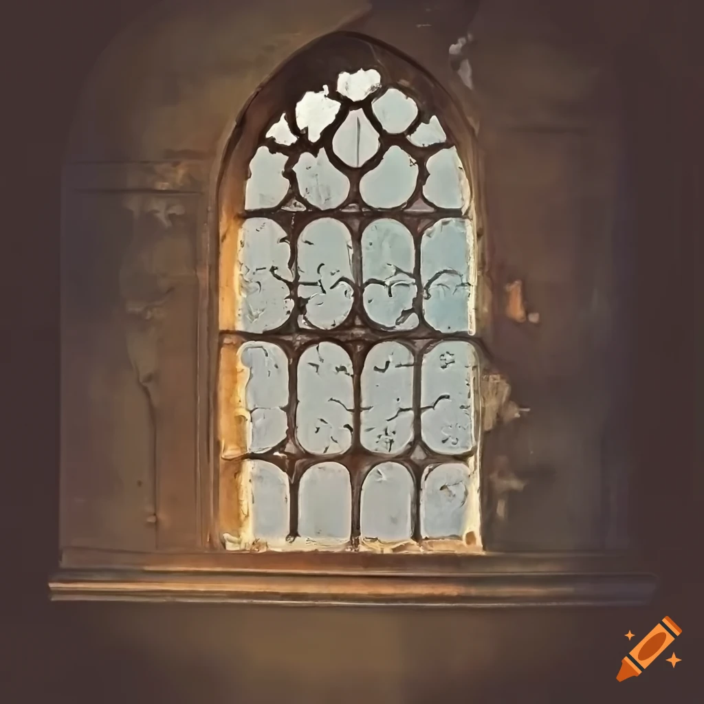 Medieval quatrefoil window with intricate details and faded sky in the ...