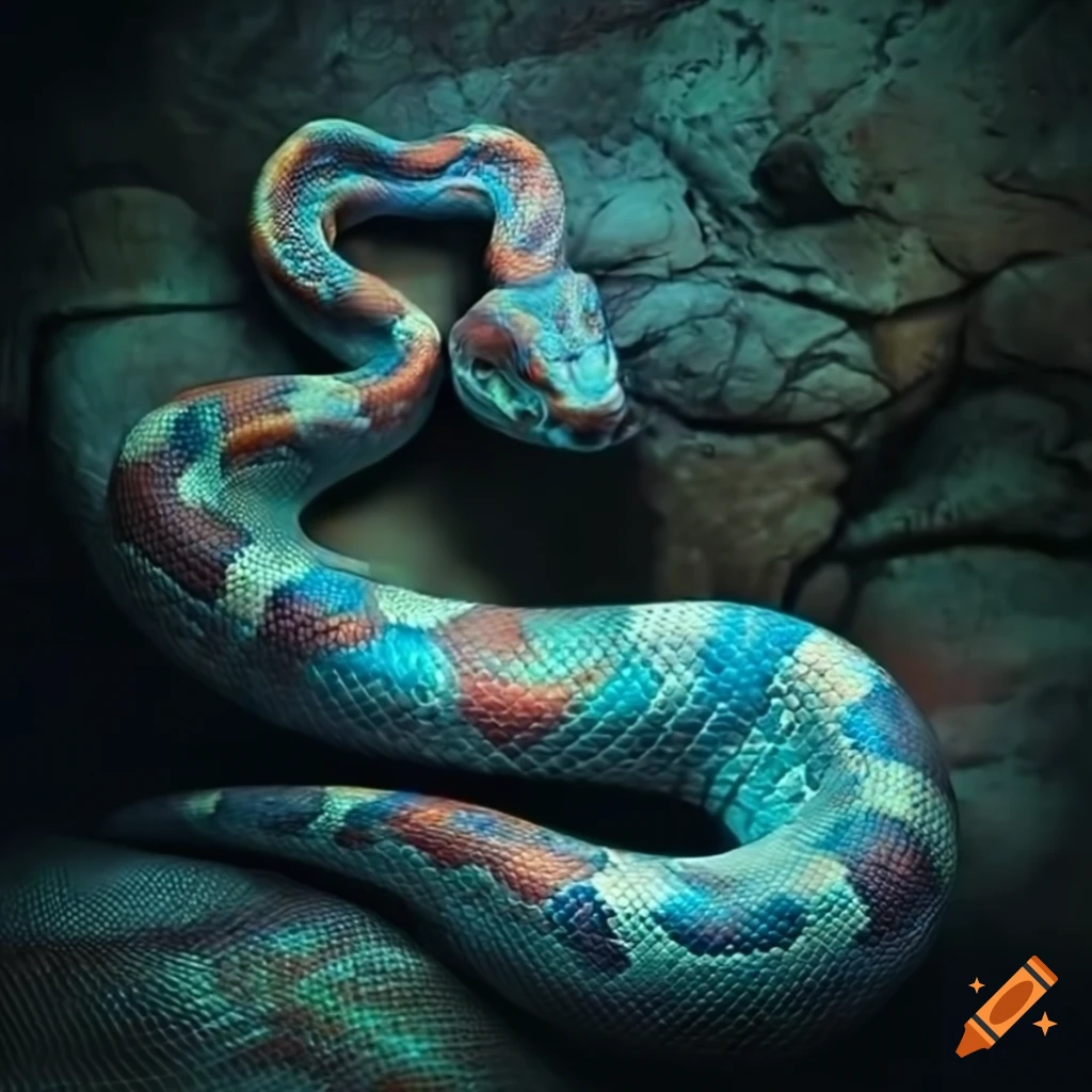 Colorful boa in a dark surrealistic cavern on Craiyon