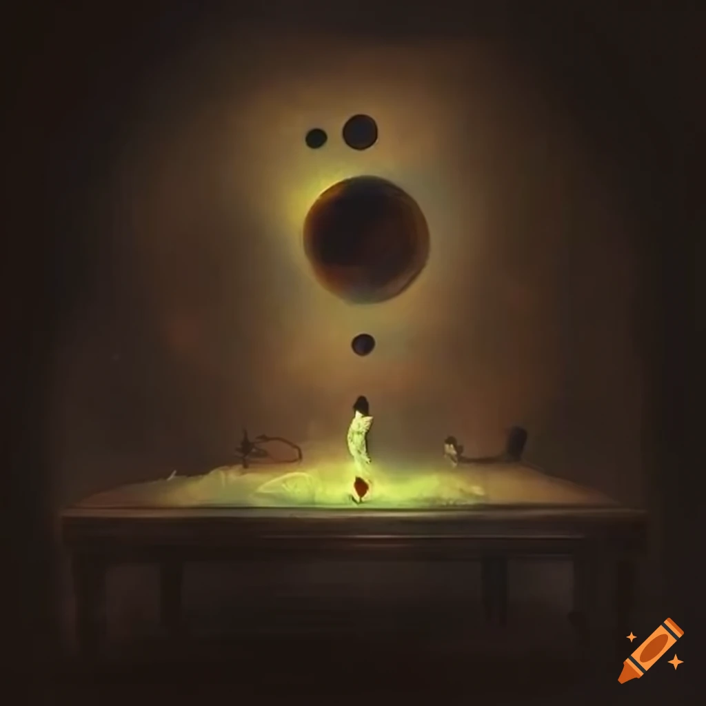 Surreal painting of dark room with floating glowing orbs on Craiyon