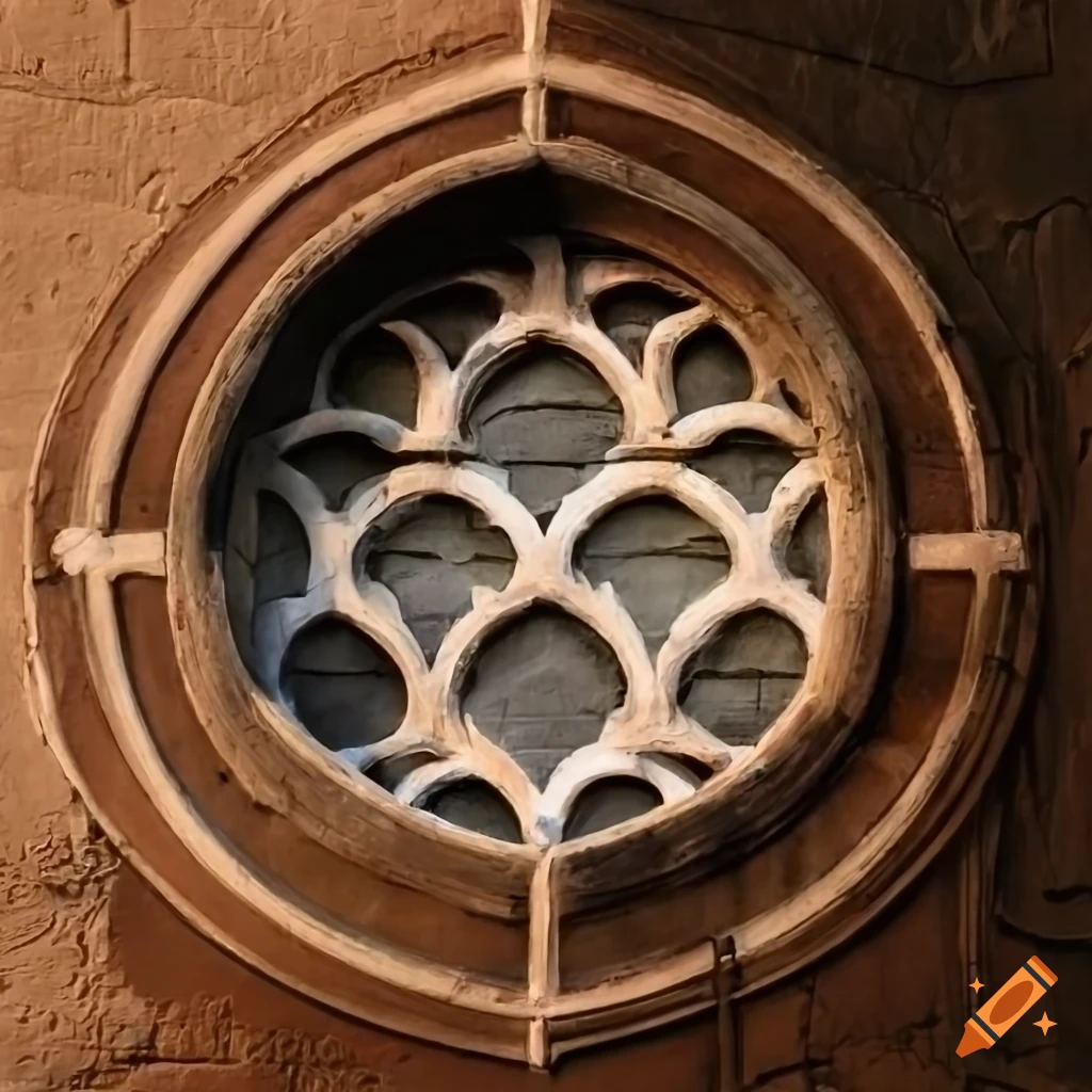 Medieval style quatrefoil window with intricate details and crackled ...