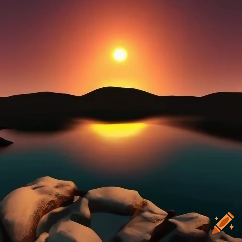 3d mountain lake scene at sunset with radiant glow and caustic ...