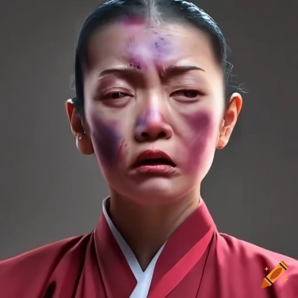 Asian woman kungfu fighter with a dizzy expression on Craiyon