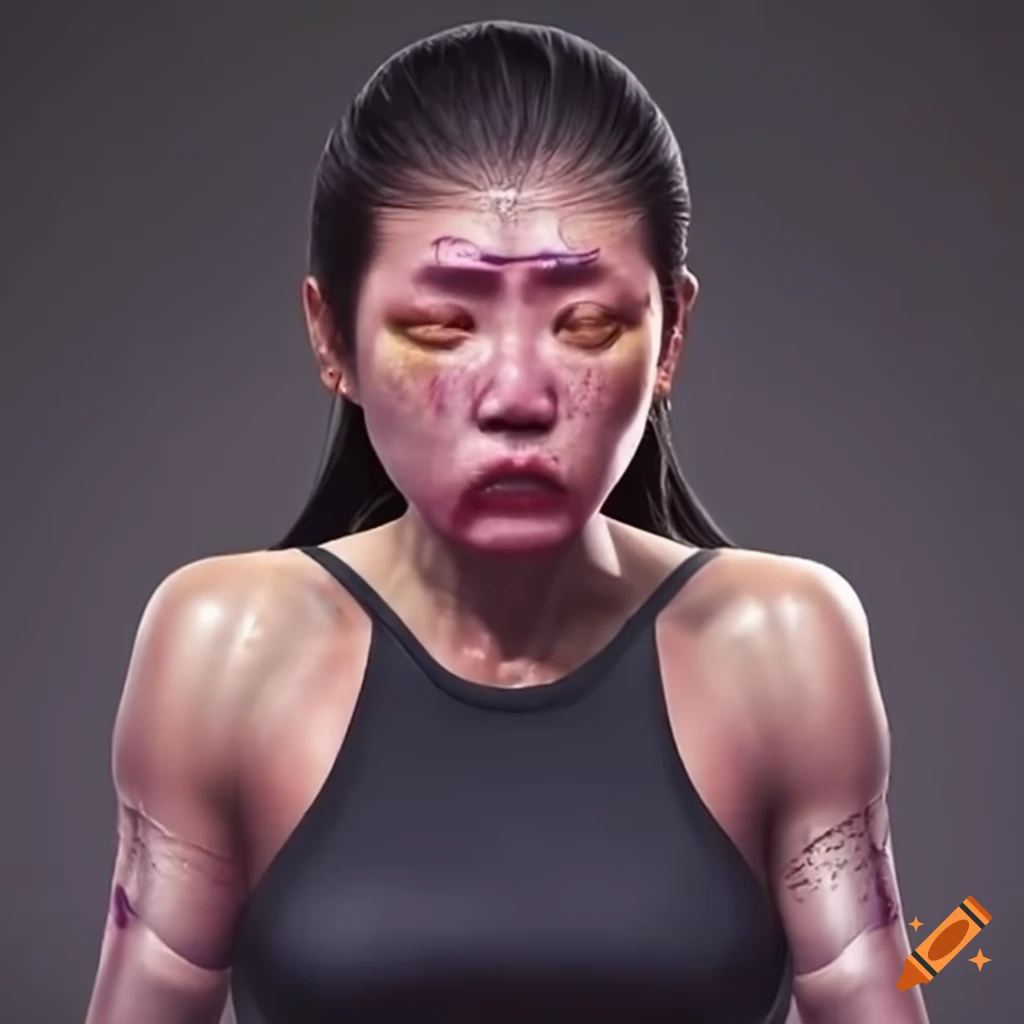 Asian woman kungfu fighter with very dizzy wobbly head and facial ...