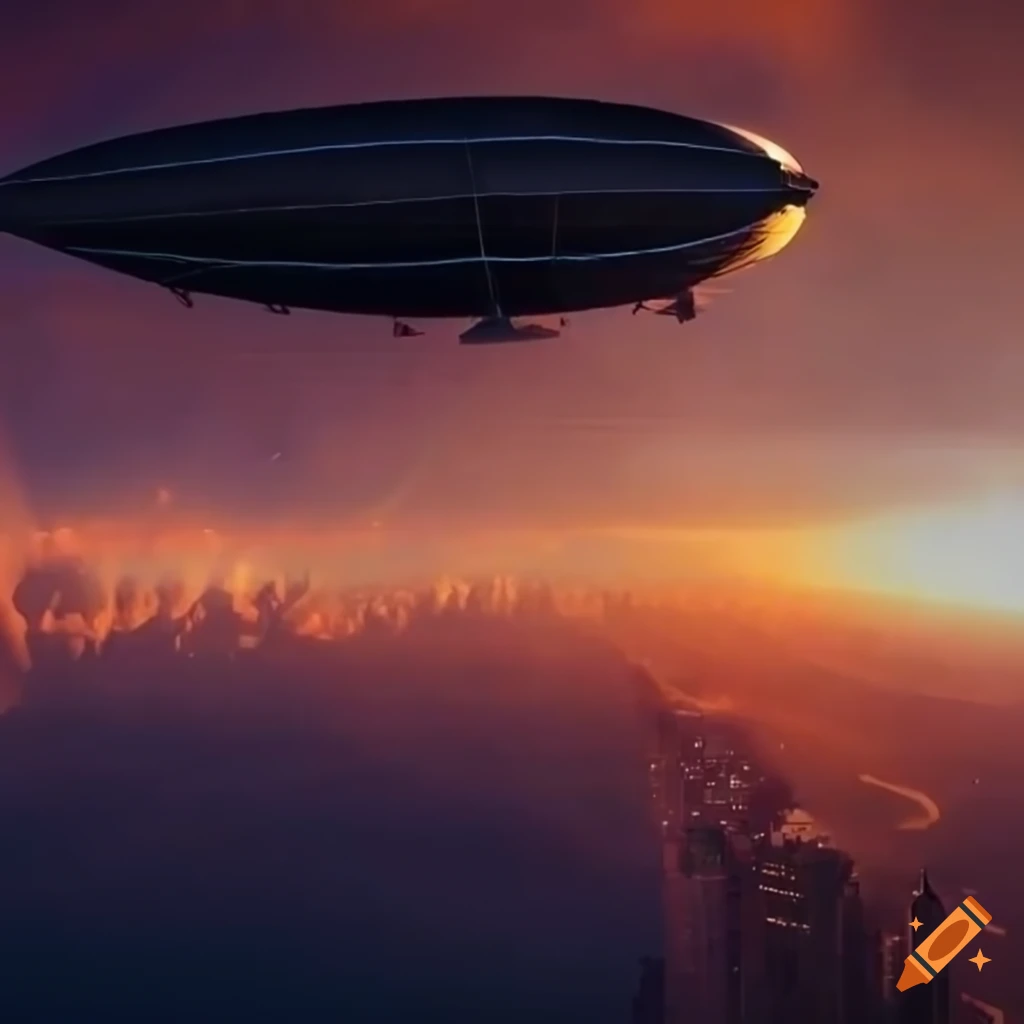 Airship flying over a burning city with surreal landscapes on Craiyon