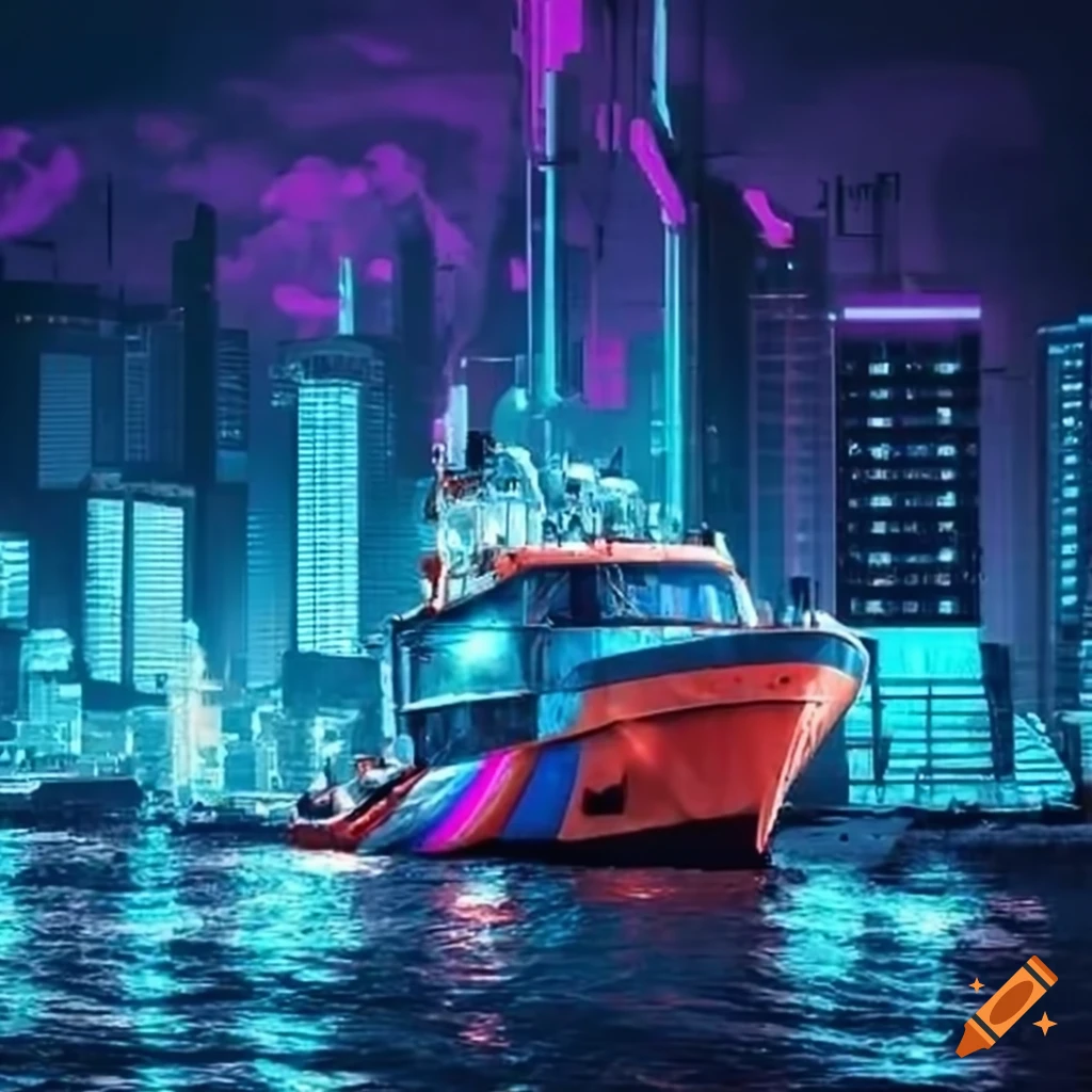Coast guard boat in a neon city on Craiyon
