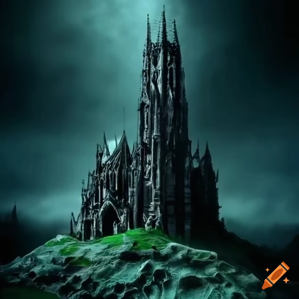 Gothic alien cathedral on a hill with organic sharp spiky boney alien ...