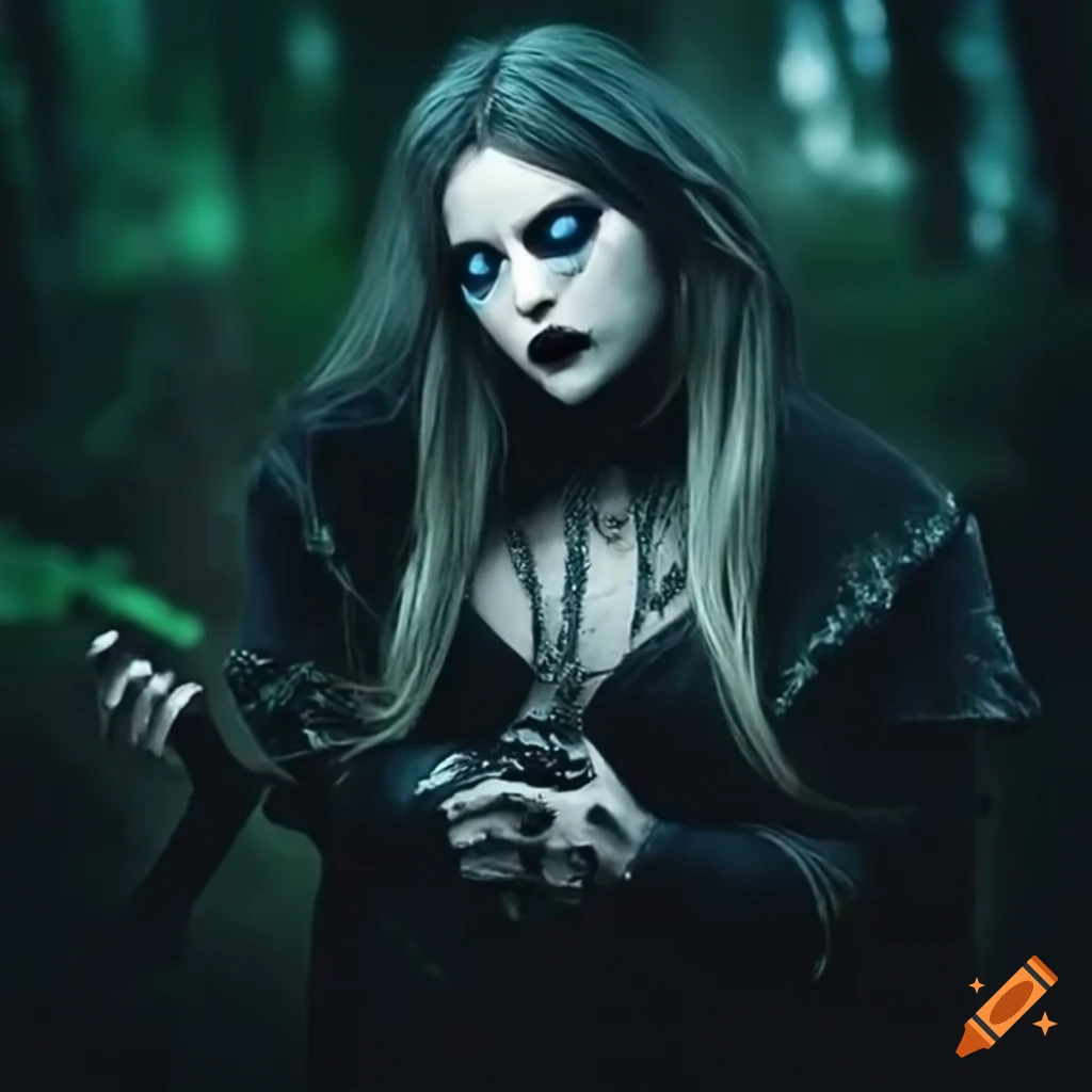 Female black metal rogue performing a forest moonlight ritual on Craiyon
