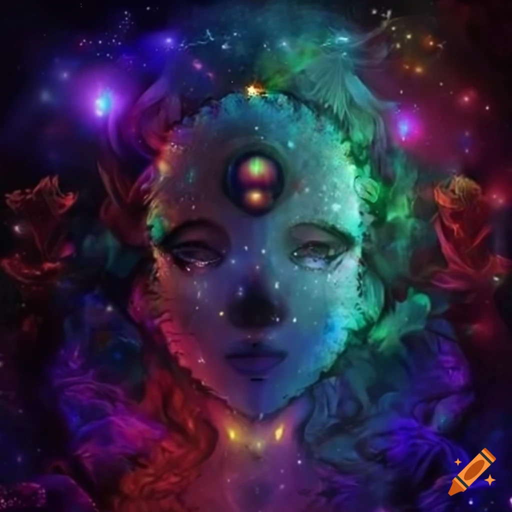 Scene bathed in celestial glow with holographic auras emanating from ...