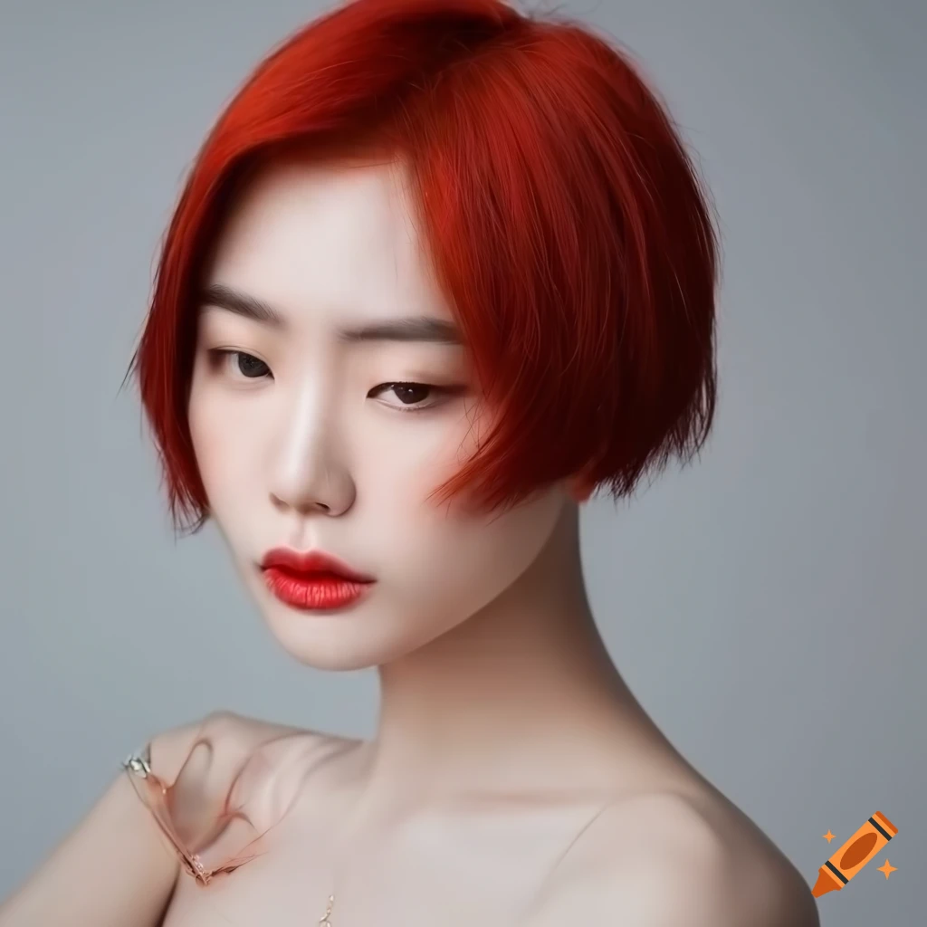 Portrait of a realistic and detailed asian woman with red short hair on ...