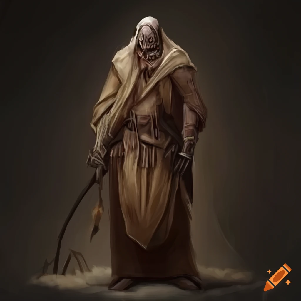 Dark fantasy desert merchant with cunning and mysterious aura on Craiyon