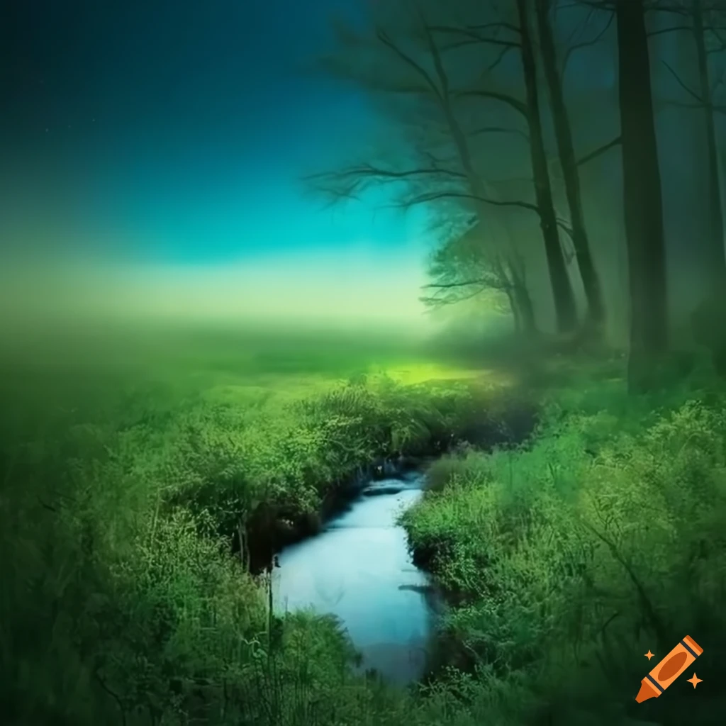 Small stream flowing through a magical meadow with enchanted trees on ...