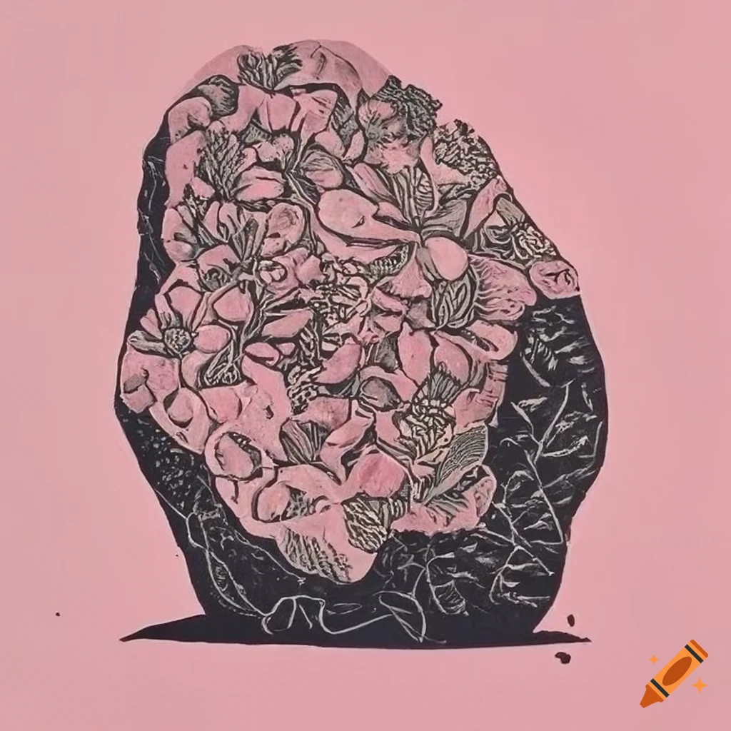 Large granite rock among pink flowers in a linocut by Ann Klein on Craiyon