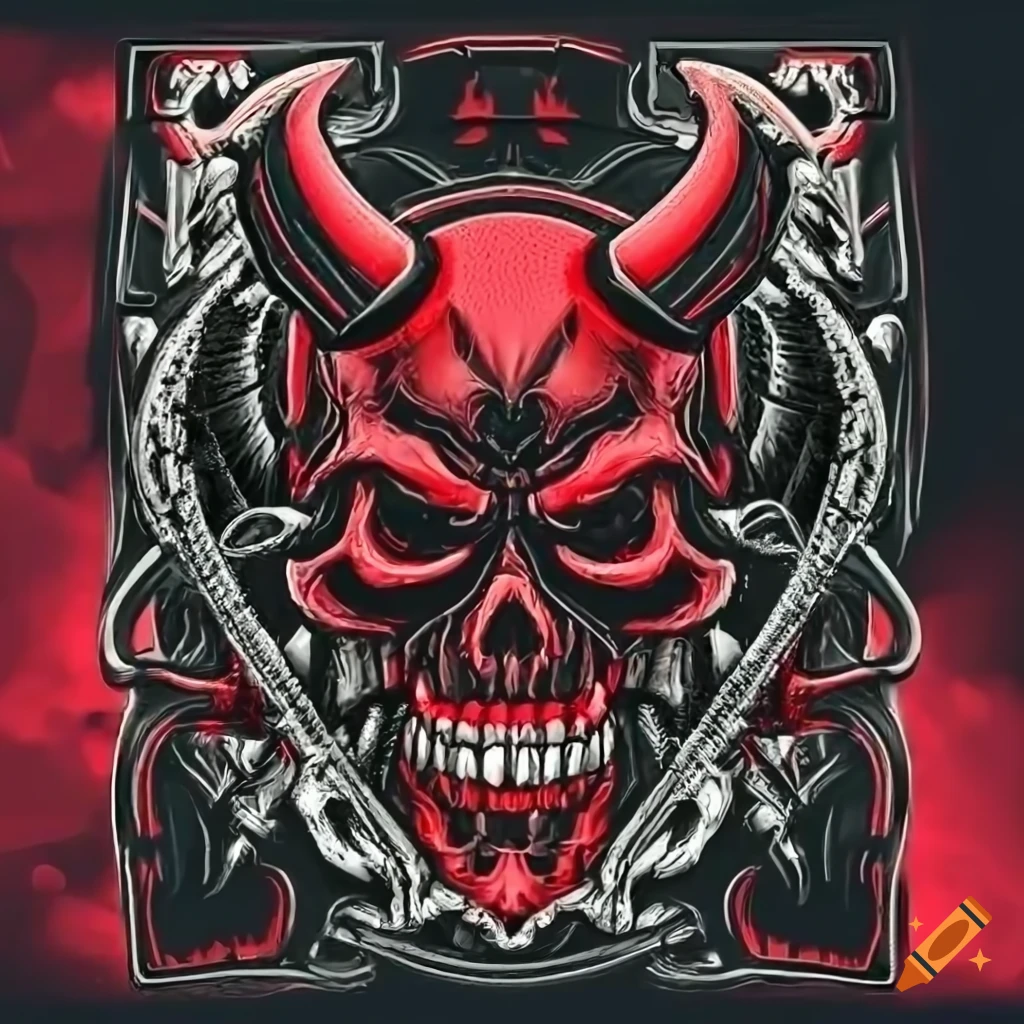 Edgy and bold skull with demon horns and mask symbol in abstract style ...