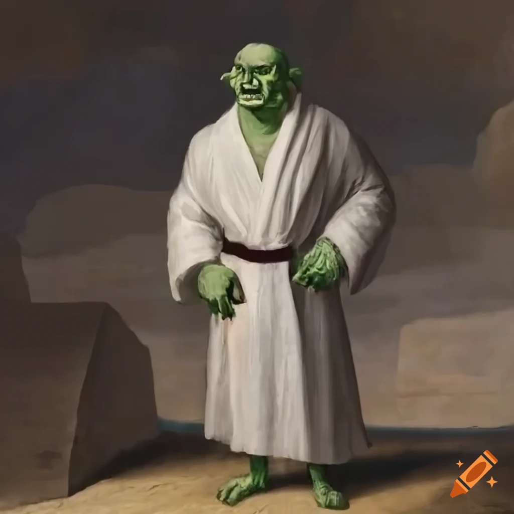 Ogre in a white robe standing in a marble city on Craiyon