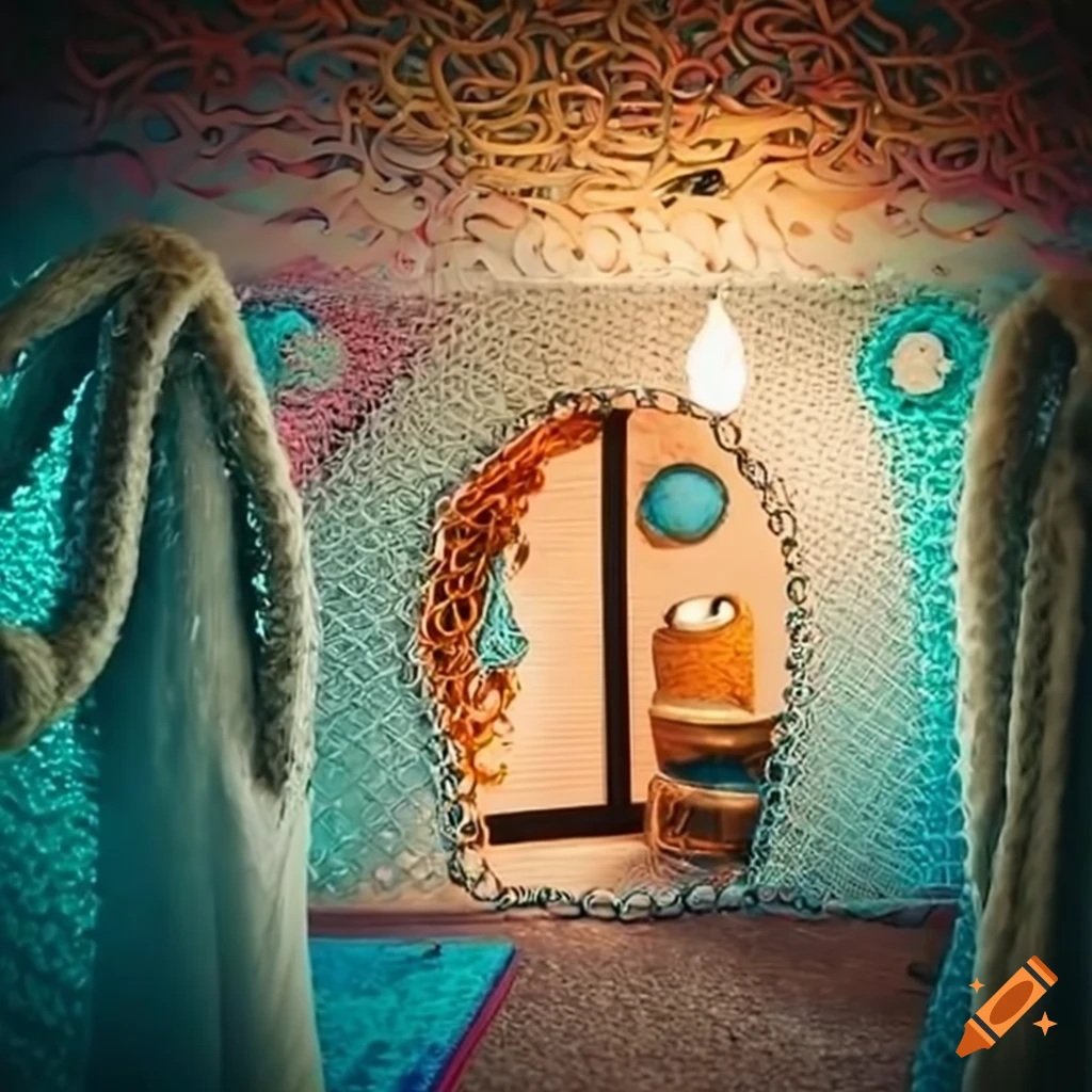 Interior of a cute home made entirely of chainmail on Craiyon