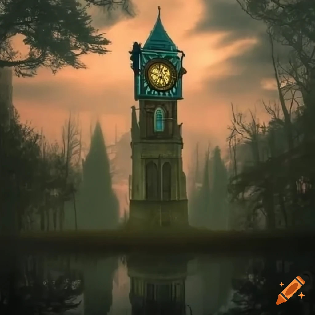 Steampunk clock tower in a mysterious swampy landscape on Craiyon