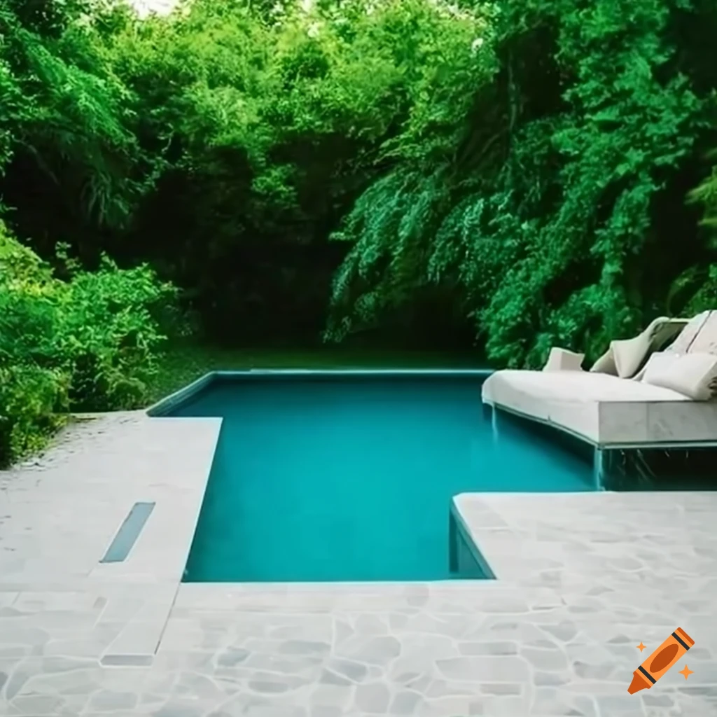 Modern pool surrounded by lush greenery and contemporary terrazzo floor ...