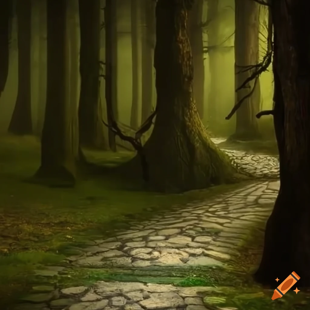 Stone path through an enchanted magical forest at evening on Craiyon