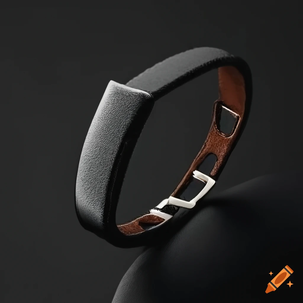 Black leather minimalistic bracelet with smart component on Craiyon