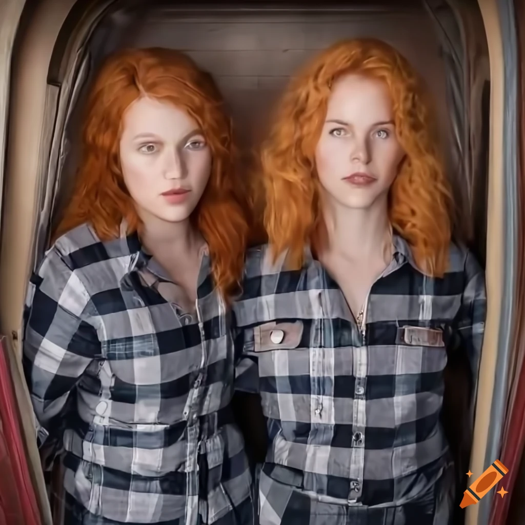 Ginger female twins in country plaid shirts and high-waist black ...