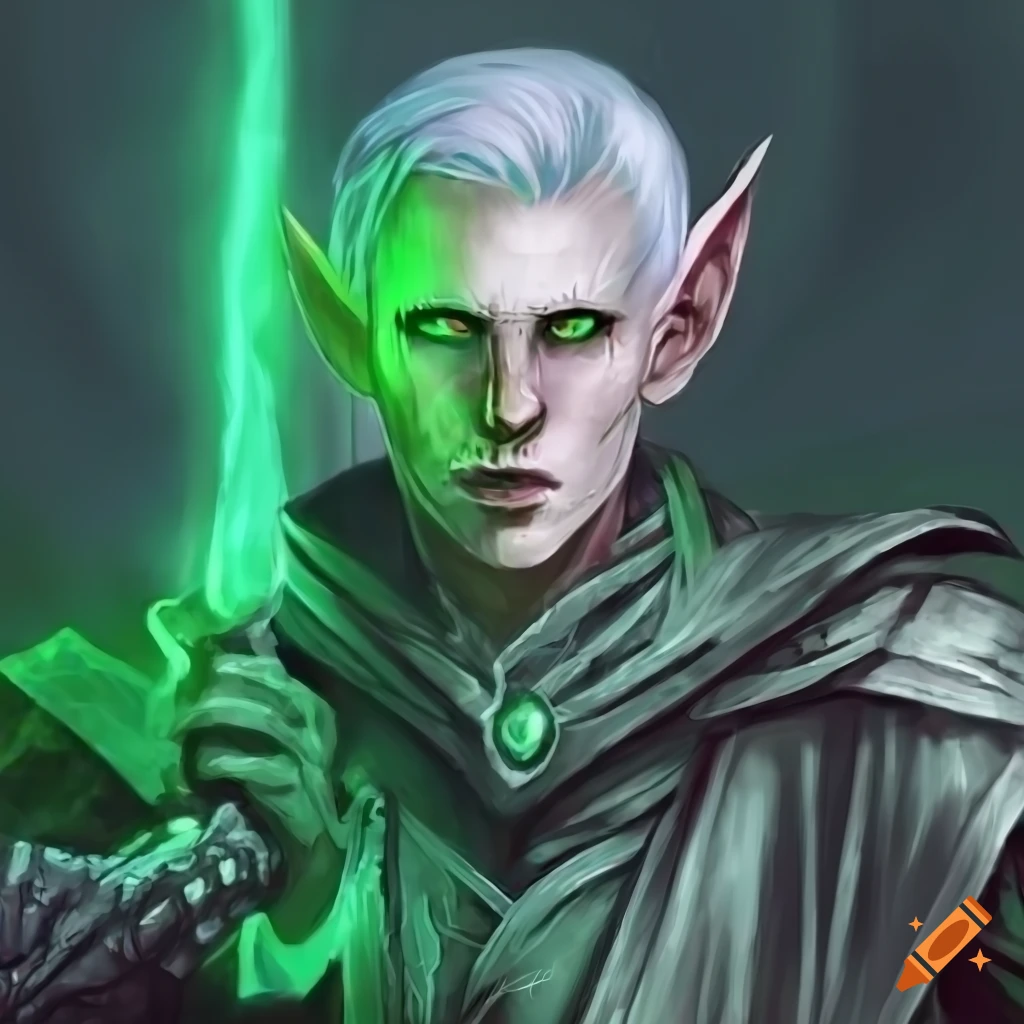 Pale male elf warlock with scars and glowing green weapons on Craiyon