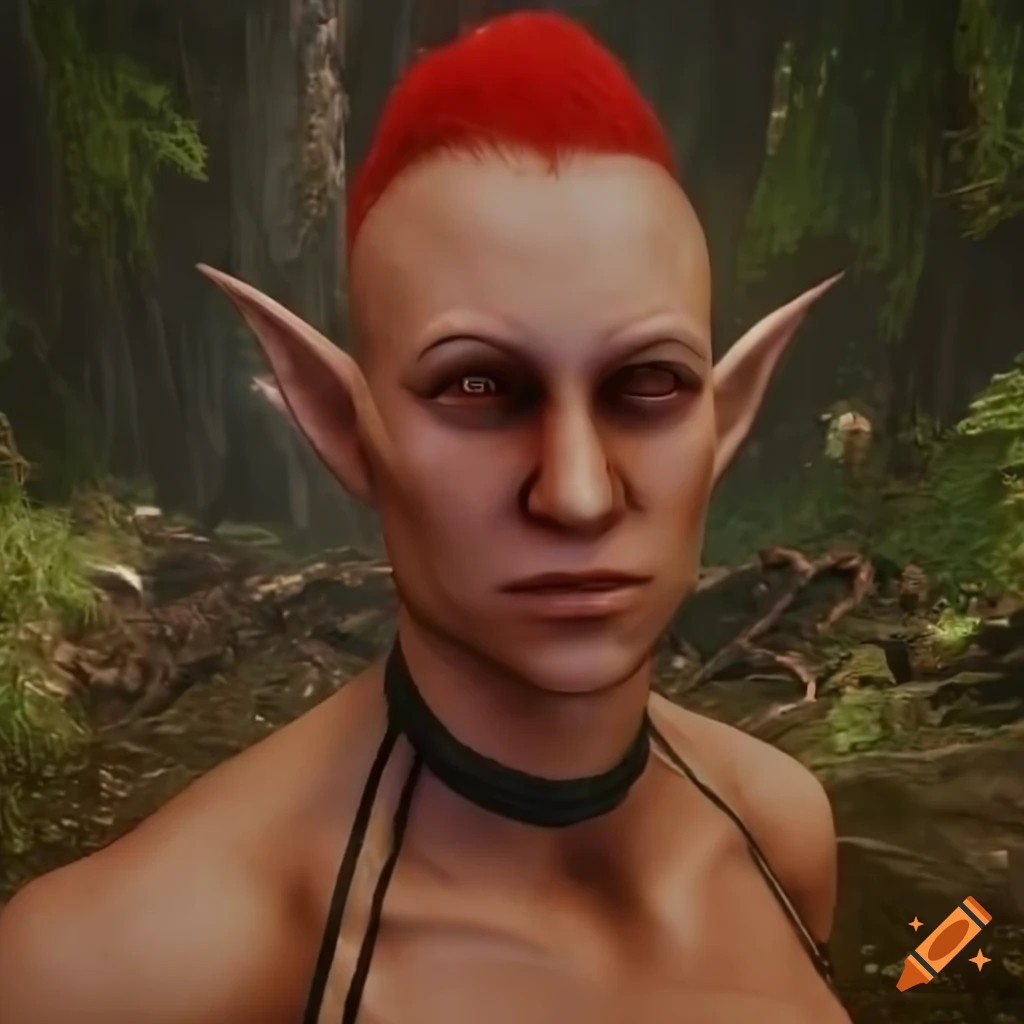 Pale-skinned sci-fi elf man with red ponytail and golden piercings ...