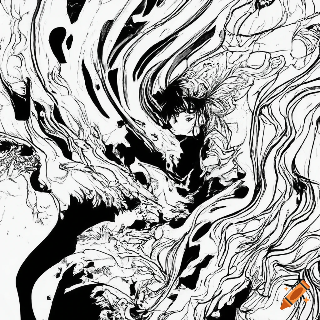 Black and white highly detailed manga panel with sharp outline on Craiyon