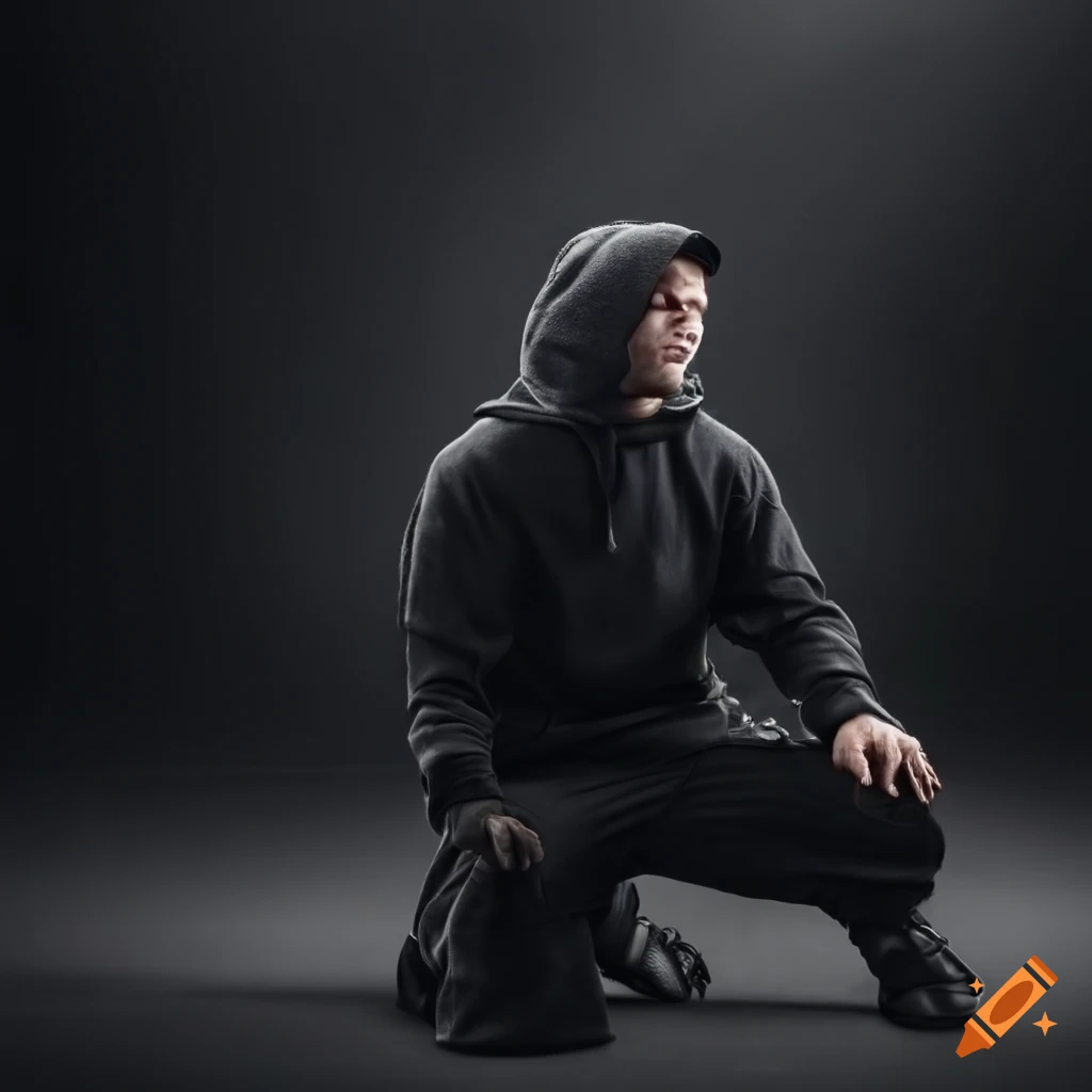 Strong man in a black hoodie and combat boots on Craiyon