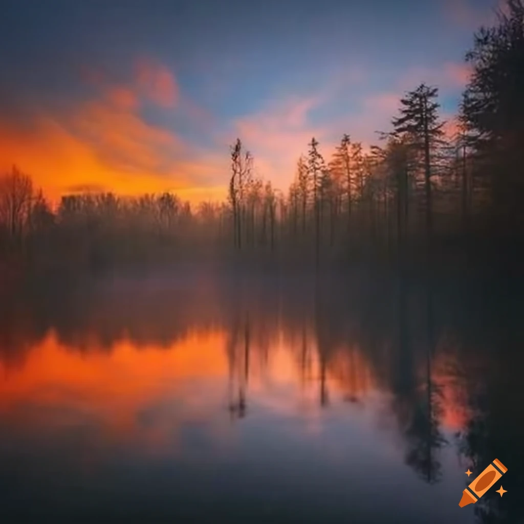 Warm and serene lake surrounded by stunning treehouses at sunset on Craiyon