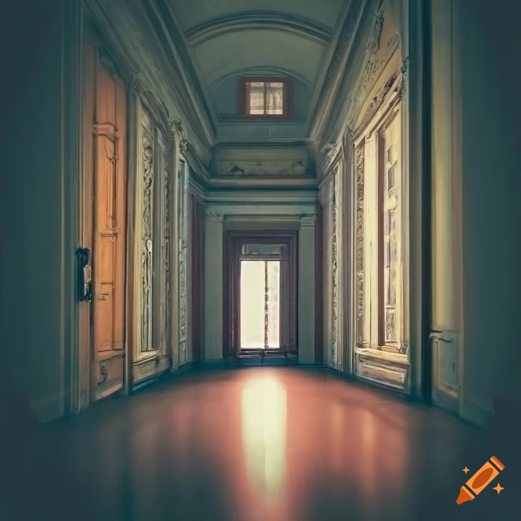 Long old hallway with doors and staircase leading up on Craiyon