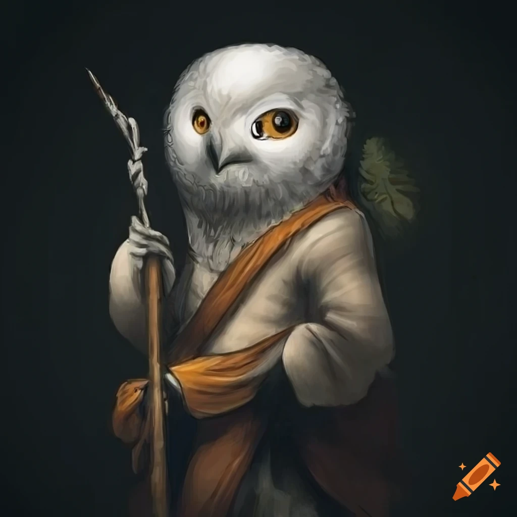 White owl monk with a bird-headed staff on Craiyon