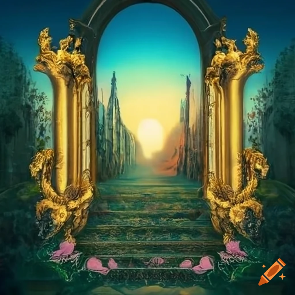 Surreal fantasy landscape with a golden baroque shaped portal and ...
