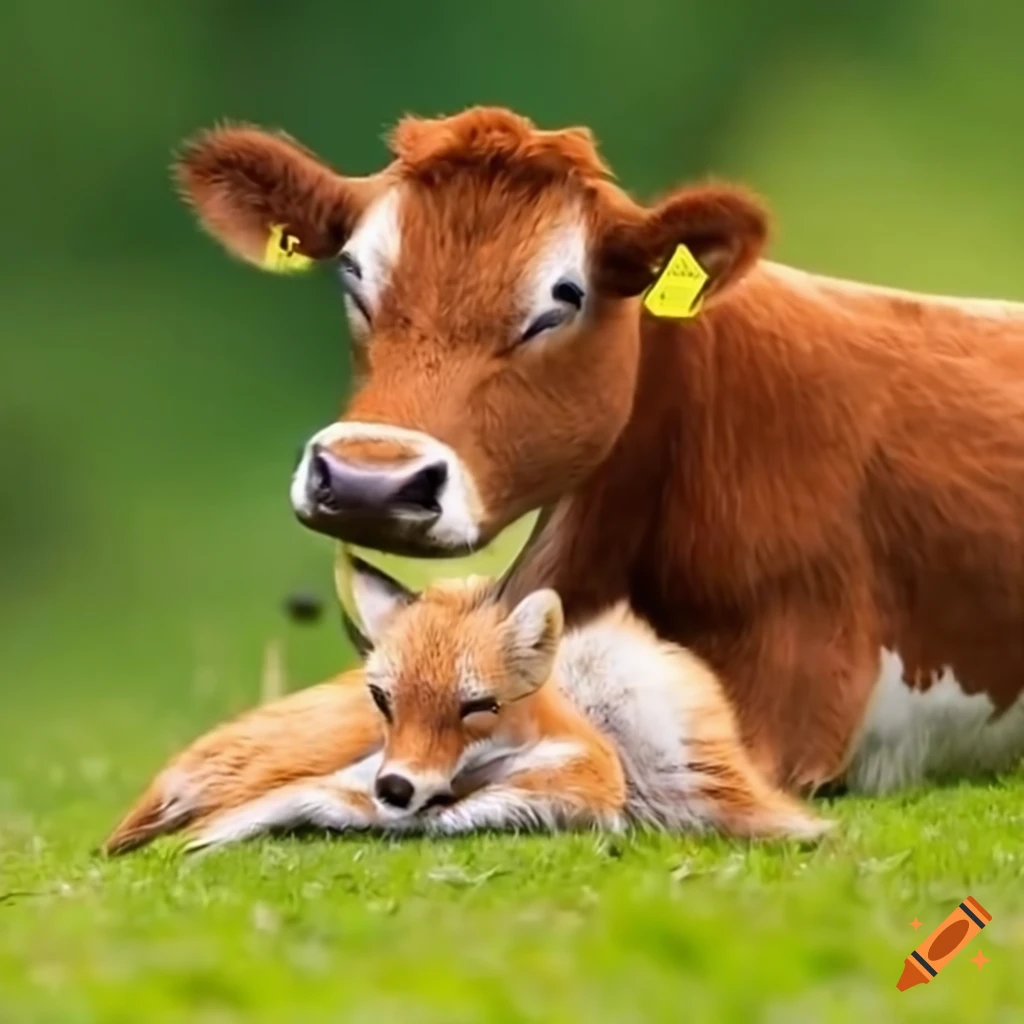 Baby cow and fox sleeping together on Craiyon