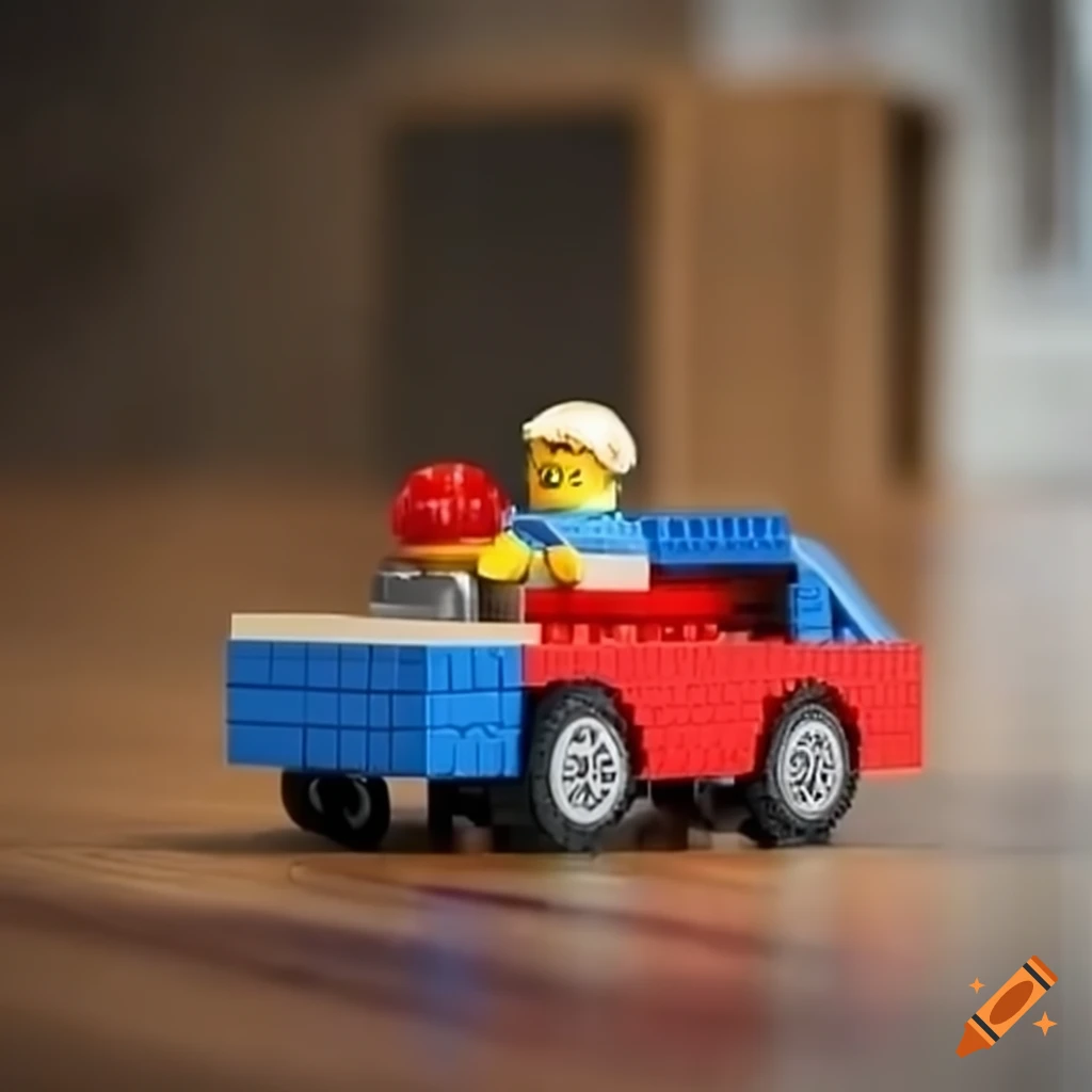 Lego figure riding a lego car at 88 miles per hour on Craiyon