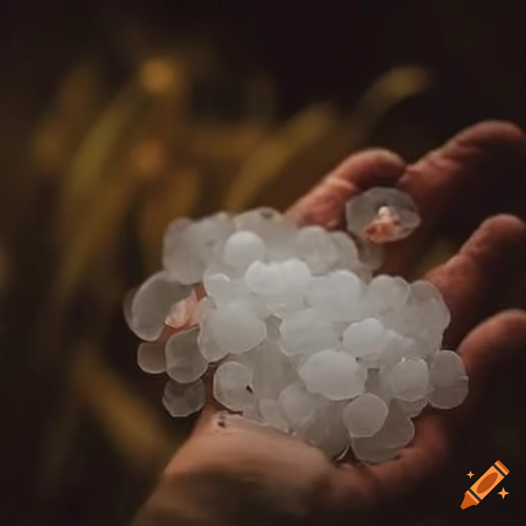 Hail grains hitting crops in a field on Craiyon