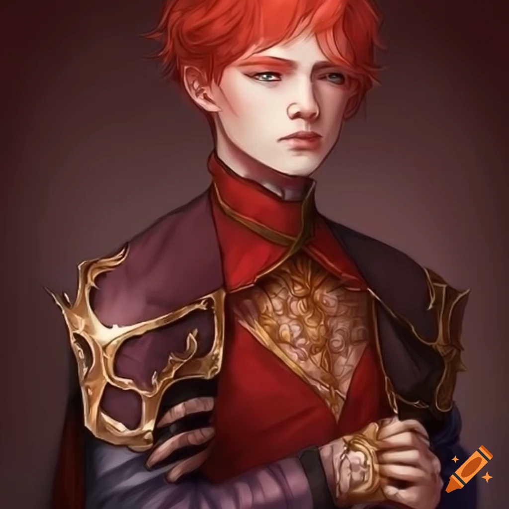 Short male with red hair and black eyes in prince attire on Craiyon