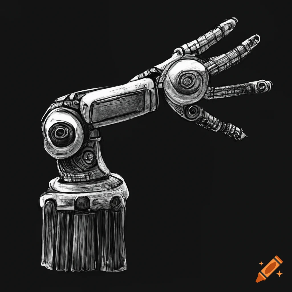 Robotic arm made from discarded parts in black and white on Craiyon