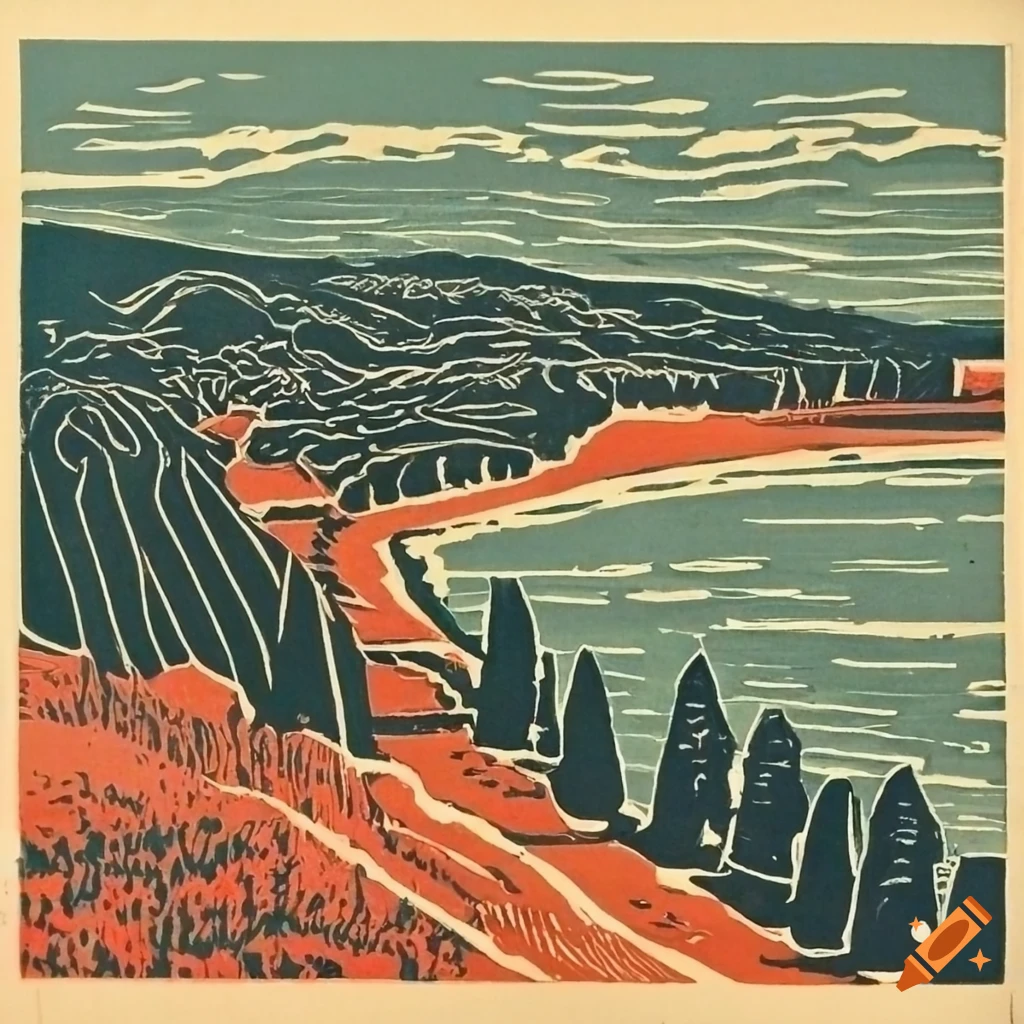 Vineyards around Balaton lake in 1950s Art Nouveau style linocut on Craiyon