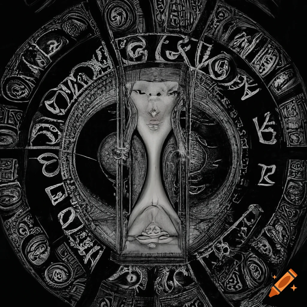 Surreal dance of clocks and hourglasses with distorted faces reflecting ...