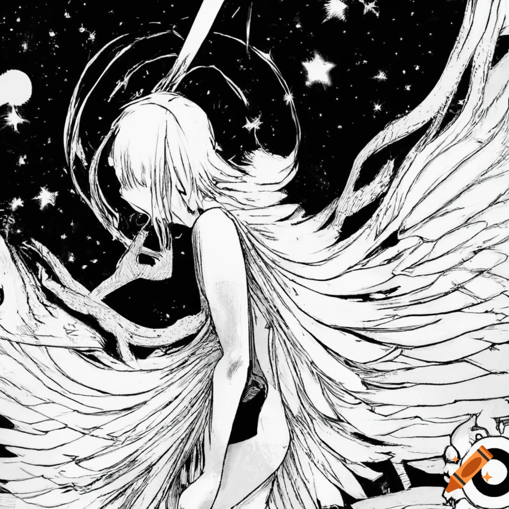Black and white manga panel of an exploding angel on Craiyon