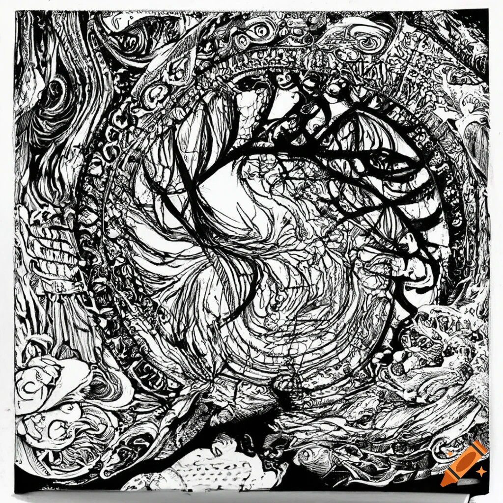 Mysterious ink sketch with intricate curves and symbols forming an ...