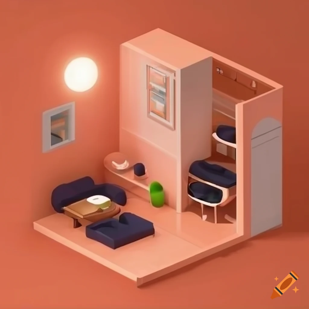 Isometric cozy cube room with kitchen and stairs in earthtone peach on ...
