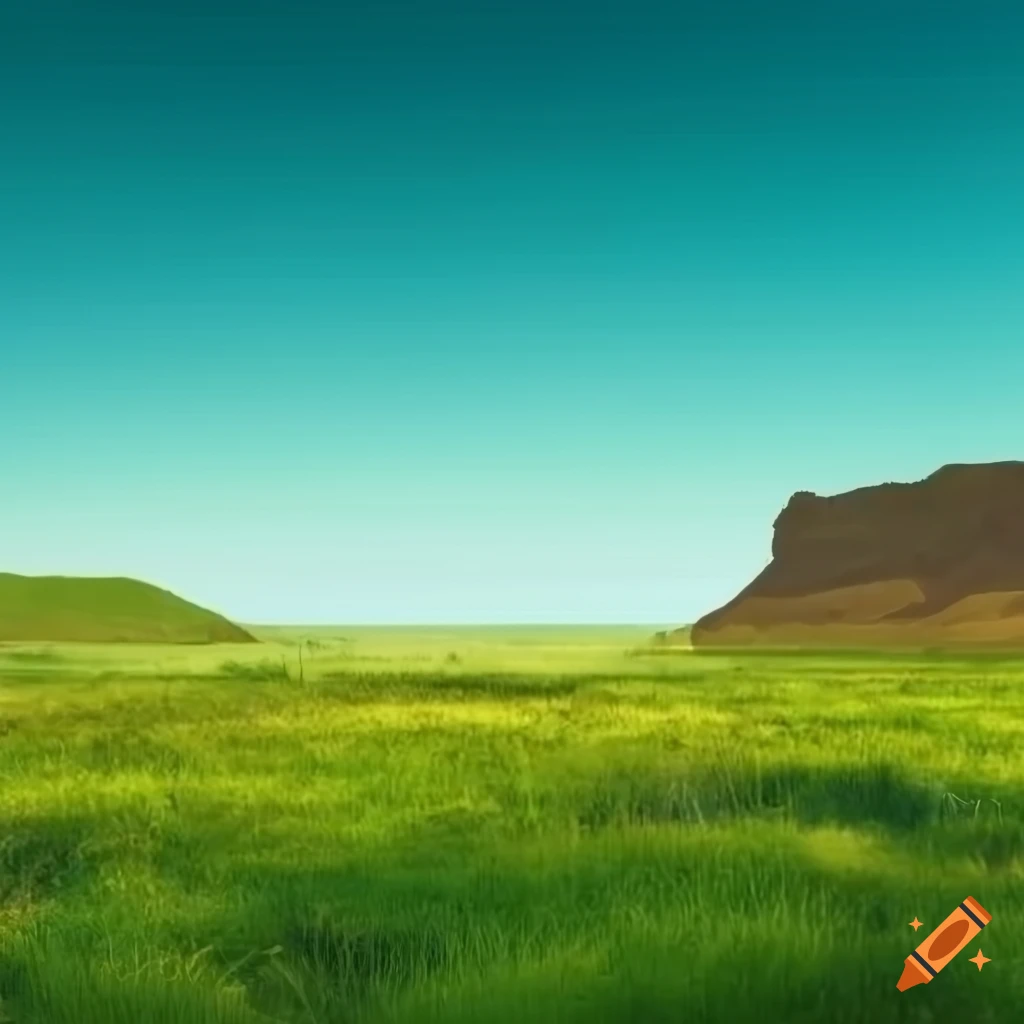 Desolate flat landscape with green grass and cliffs in the distance on ...