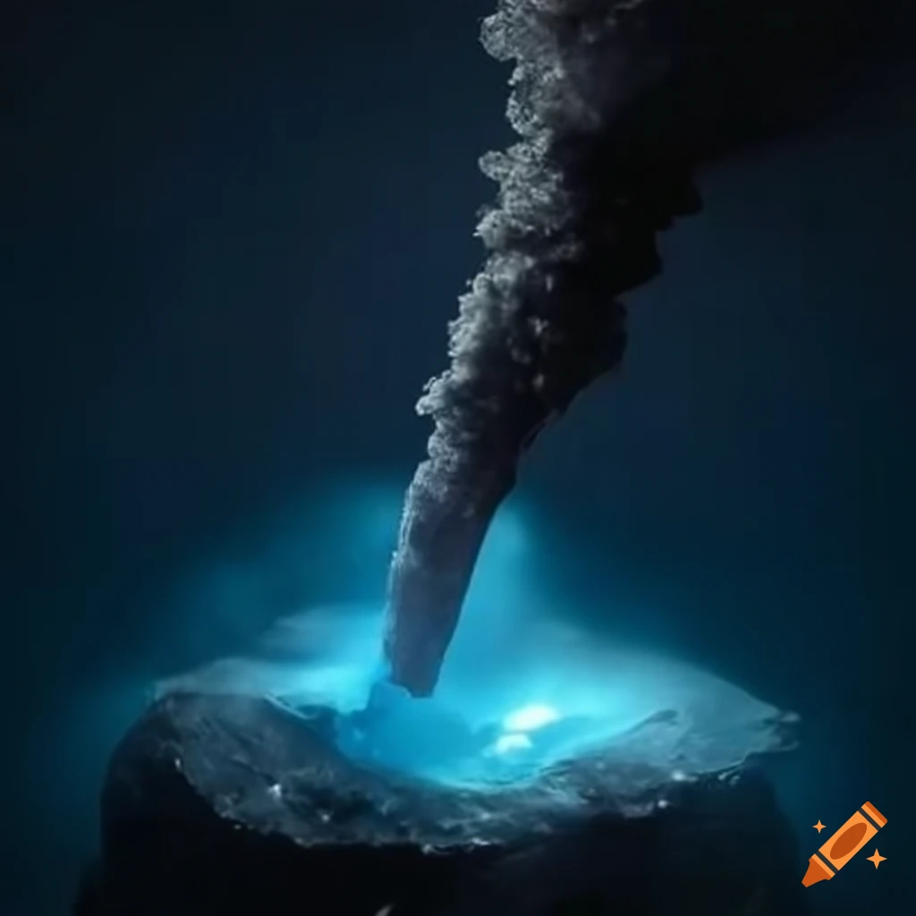 Source hydrothermale with black smoke coming out of a mineral chimney ...