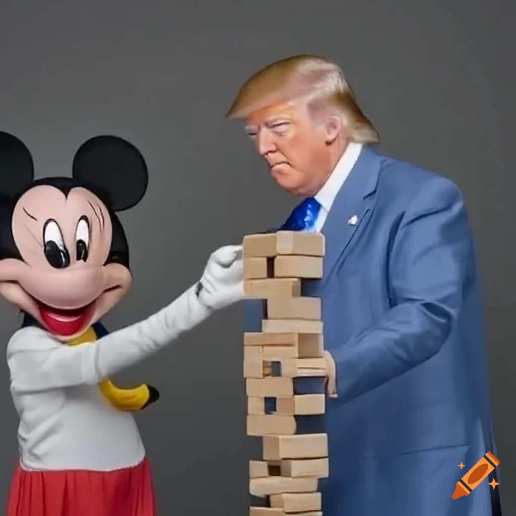 Satirical depiction of trump playing jenga with mickey mouse on Craiyon