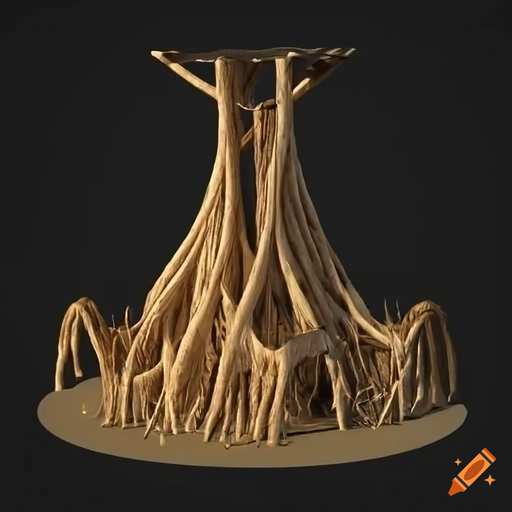 Organic architecture pavilion with interwoven straw, resembling a tree ...