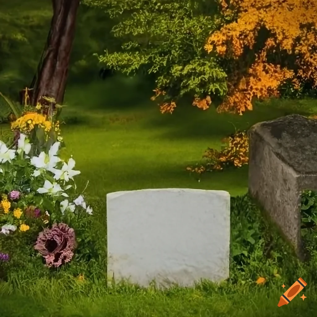 Blank headstone surrounded by flowers on Craiyon